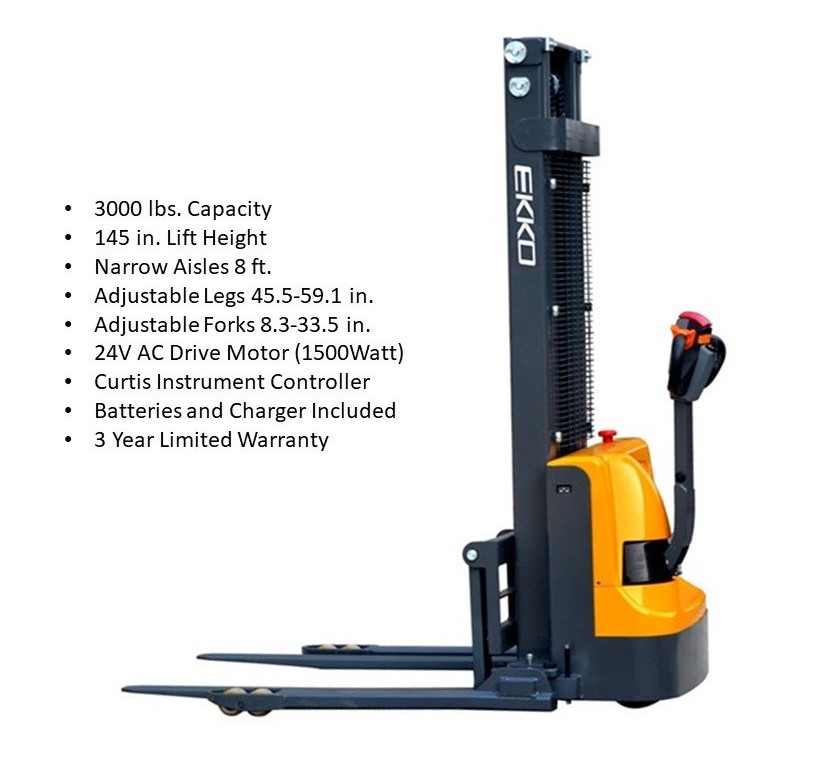 EKKO Full Powered Straddle Stacker 3000 lb Cap., 145.67 Inch Height ...